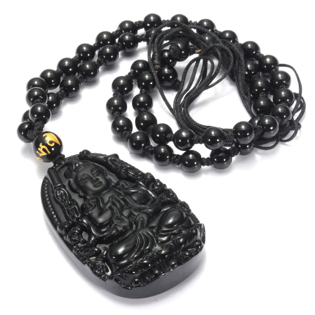 Buy Natural Handwork Carved Black Obsidian Buddha Pendant With Beads ...