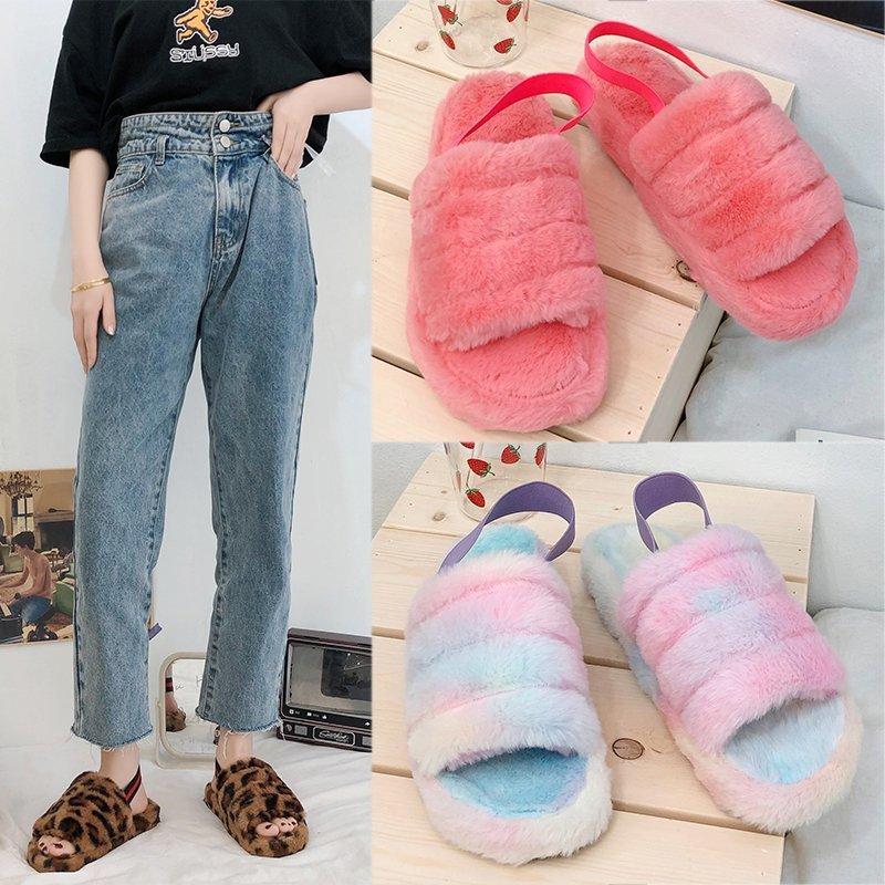 Buy Women Fluffy Fur Sliders Slippers Slip On Flat Sandals Mules Shoes ...