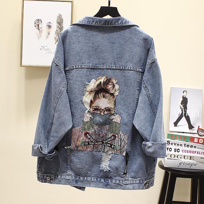 Women Back Letter Printed Denim Jacket Ripped Holes Jean Coat uygun ...