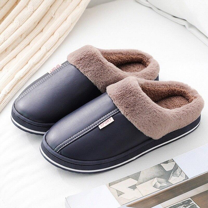 Buy Pu Waterproof Slippers Women Men Winter Plush Keep Warm Flat Home ...