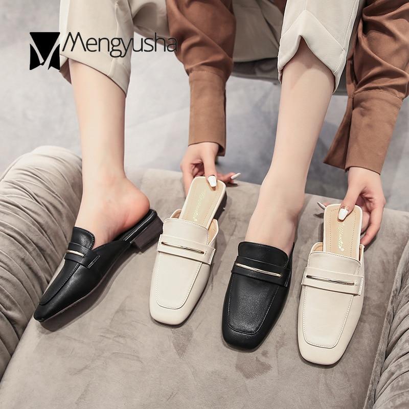 Cheap Metalic Stripes Band Closed Toe Mules Slippers Women Retro Square ...