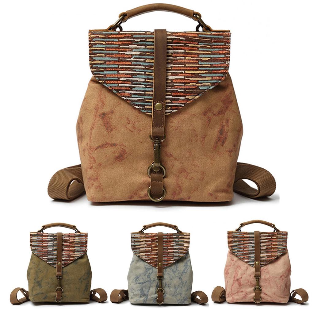 Buy Women Men Canvas Genuine Leather Patchwork Backpack Handbag Travel ...