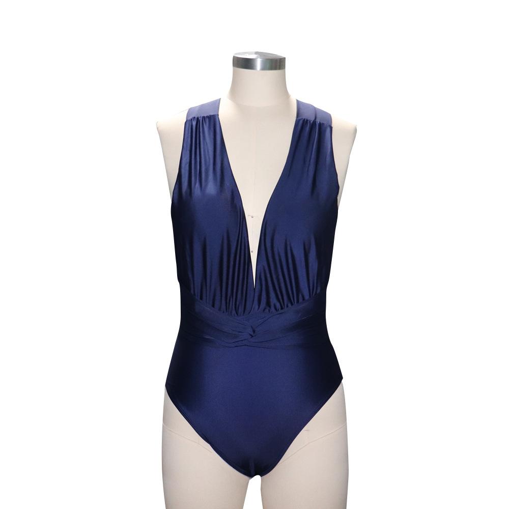 Buy Women One Piece Solid Bikini Swimsuit Deep V Neck Monokini Bathing ...