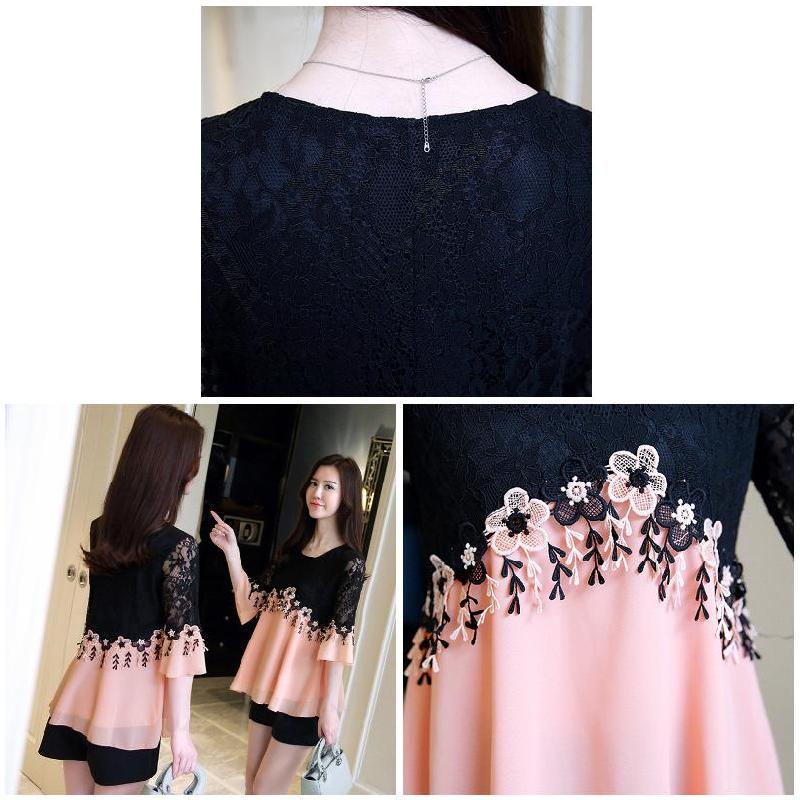 Chiffon Spring Neck Patchwork Trumpet Tops Women Sleeves Shirts Loose ...