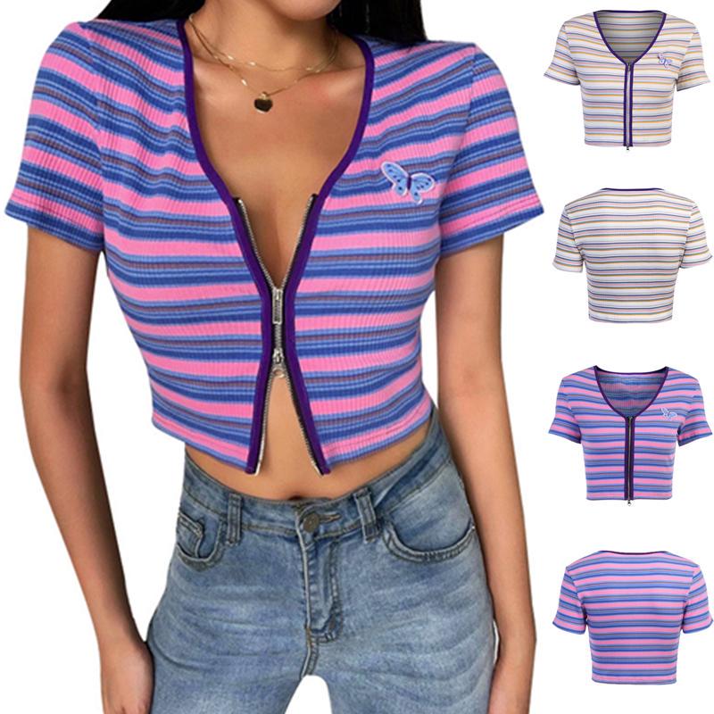 Buy Zipper Women Summer Short Sleeve Crop Tops Slim Fit Ladies ...