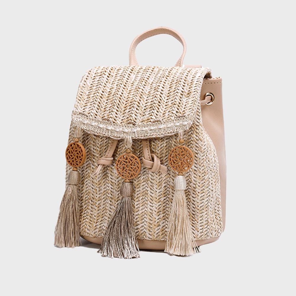 Buy Women Straw Shoulder Backpack with Tassel Boho Summer Beach Leather ...