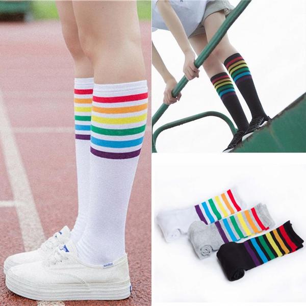 Buy Thigh High Socks Over Knee Rainbow Stripe Girls Football Sport ...