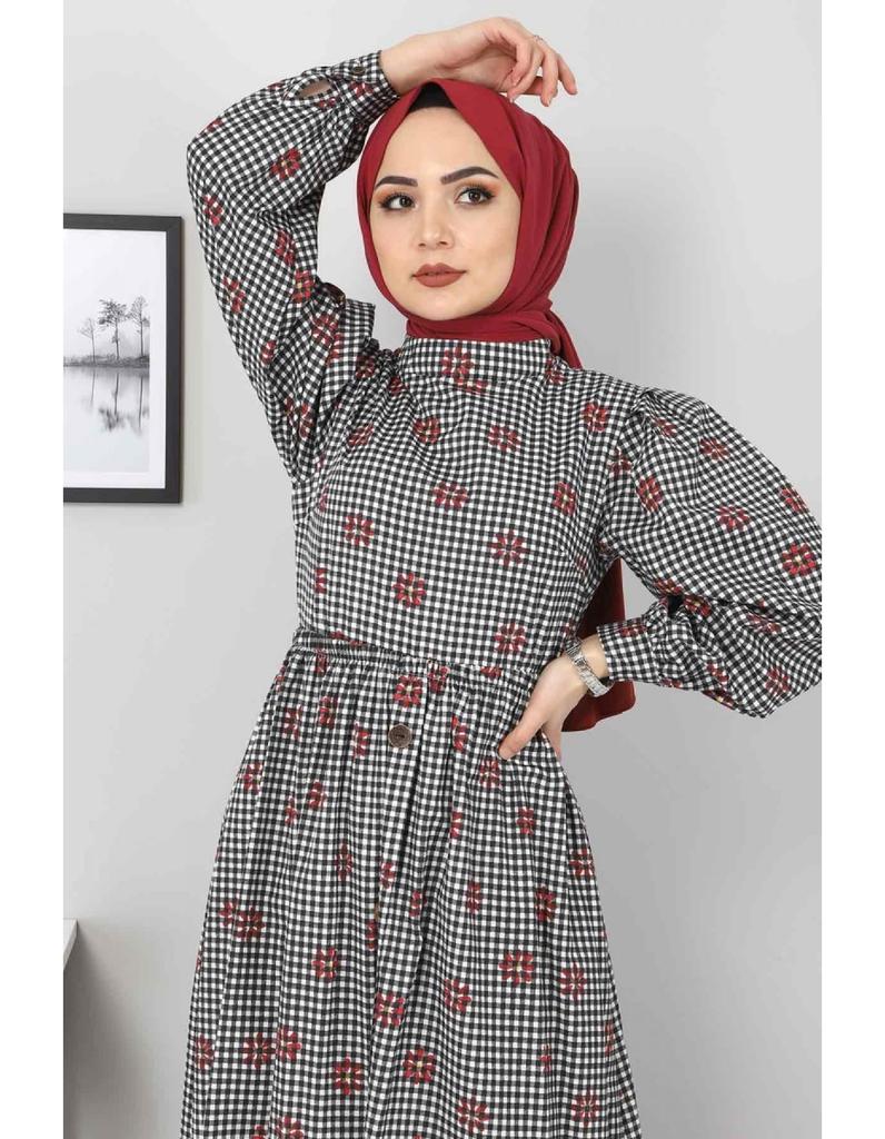 Cheap Women Gingham Patterned Floral Maxi Dress Turkish Muslim Robe ...