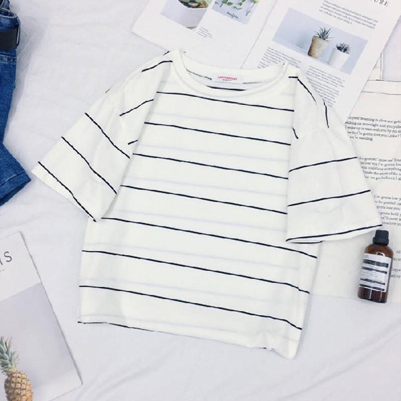 Buy Summer Woman Short Midriff-baring Tops Striped Shirt T-shirt at ...