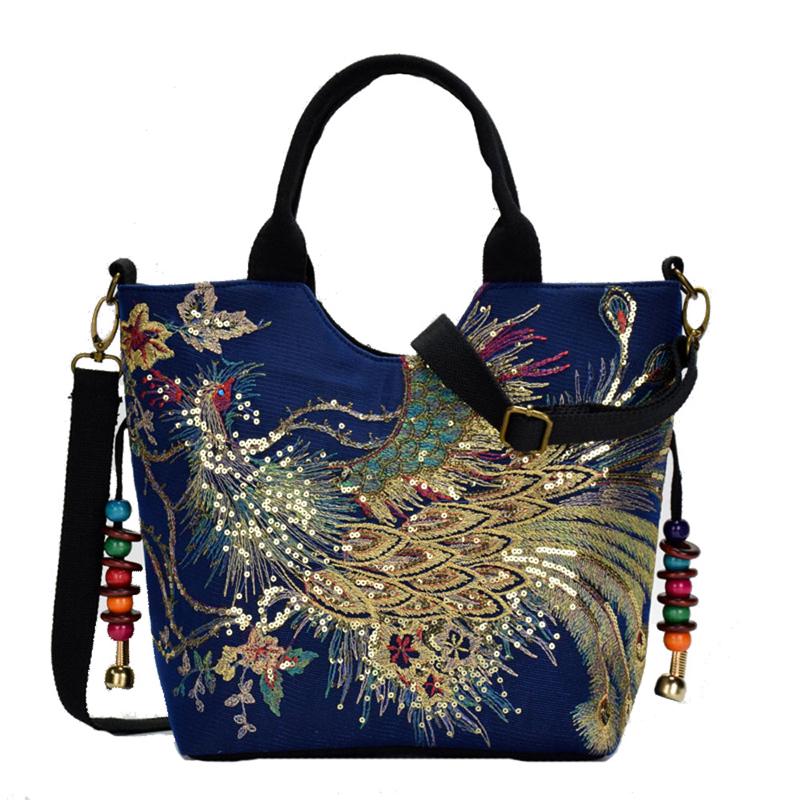 Canvas Women Handbag National Phoenix Embroidered Shoulder Totes Bag ...