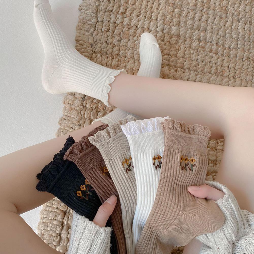 Ladies Tube Socks Embroidered Flower Socks Double Needle Pure Color ...