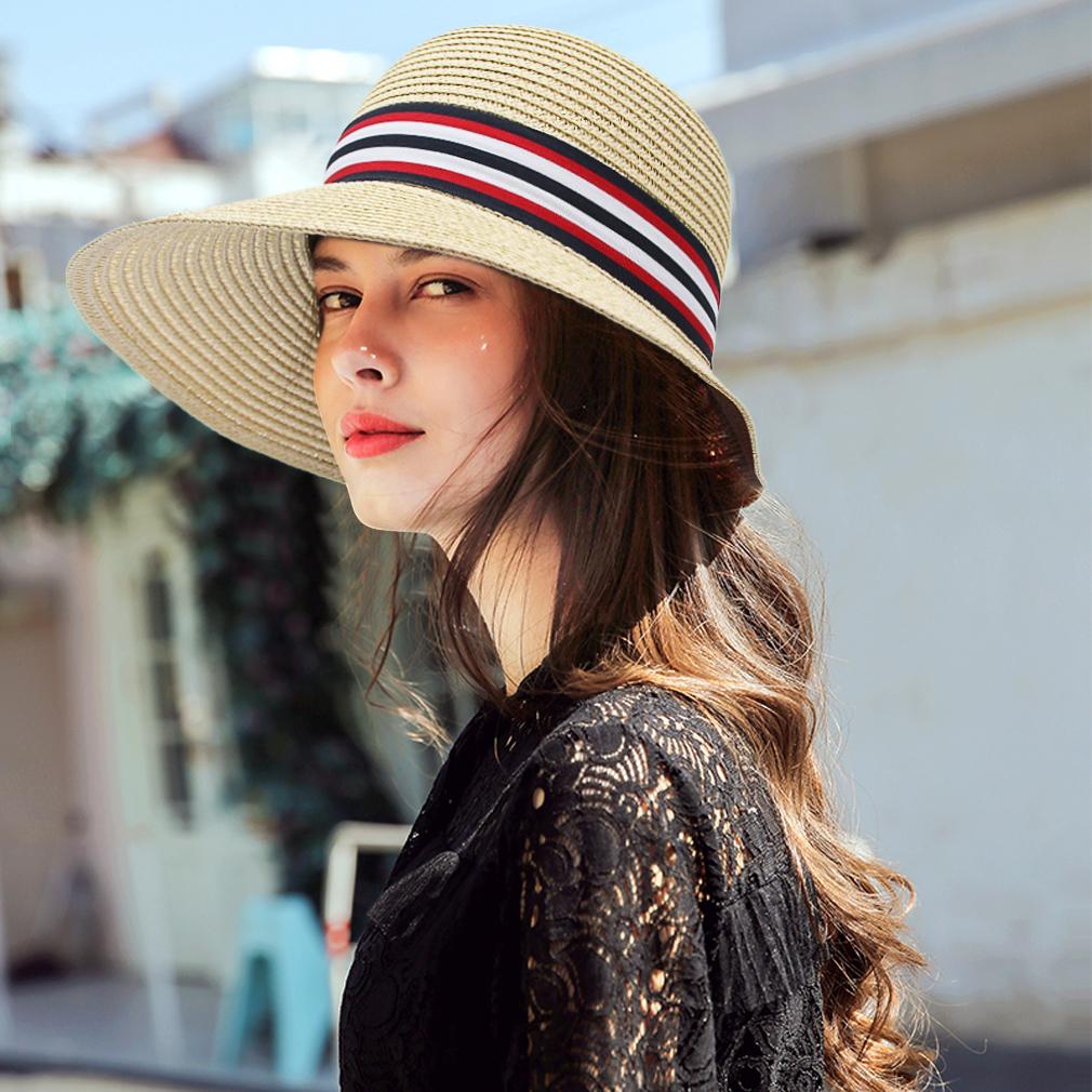 Buy Women Summer Hats Sun Beach Straw Bucket Hat Bowknot Decor Wide ...