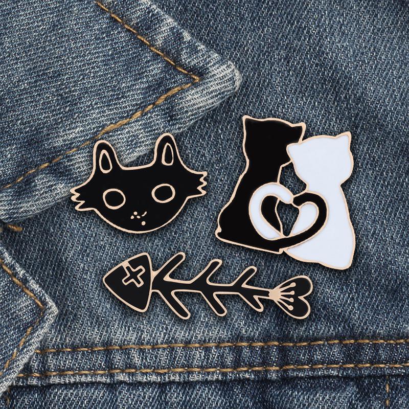 Buy Cartoon Cat Fish Bone Brooch Animal Enamel Pins for Women Men ...