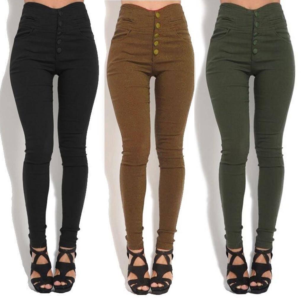 Buy Button Pencil Pants Women High Waist Slim Fit Button Trousers ...