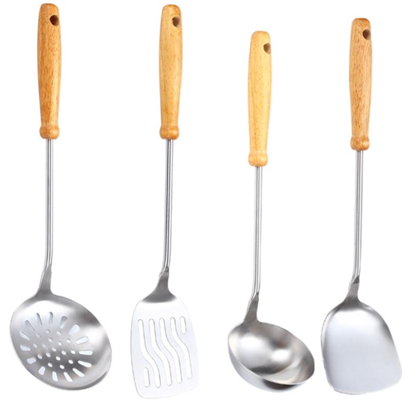 Wooden Handle Wok Spatula Stainless Steel Spatula Cooking Utensils Set ...