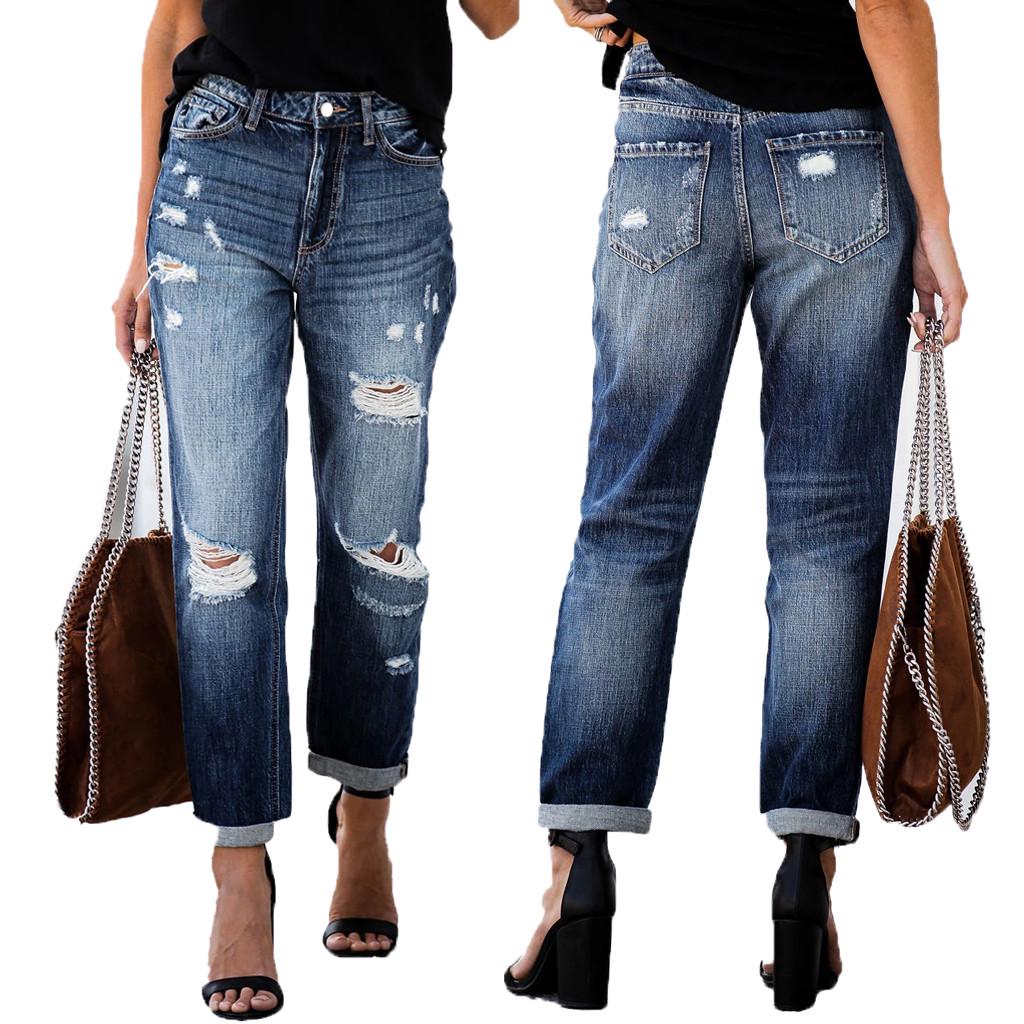 Buy Women High Waisted Straight Hole Denim Button Stretch Loose Pants ...