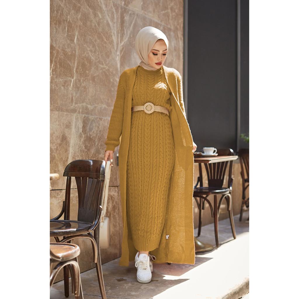 Buy Two Piece Muslim Sets Maxi Dress and Diamond Pattern Cardigan Abaya ...