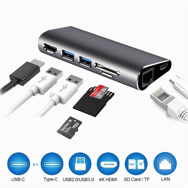 Buy 7 in 1 USB 3.0 RJ45 NIC Type-c to HUB HDMI Card Reader PD Charging ...