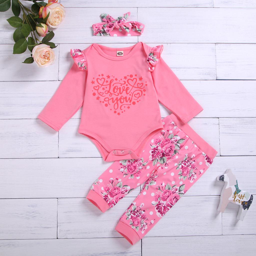 Buy [ML] 3Pcs Infant Baby Girls Valentine's Print Romper Pants Hairband Outfits Set at ...