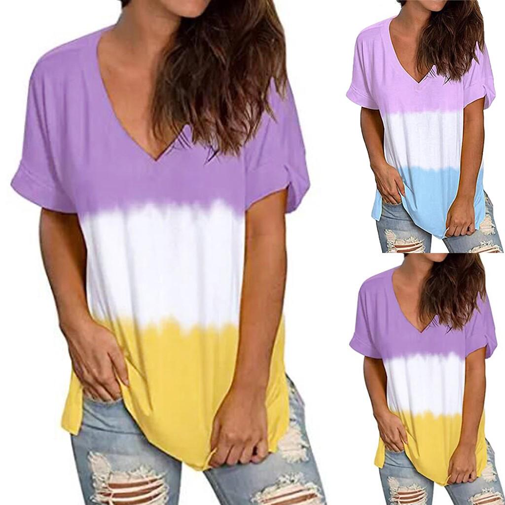 Buy Margott Wome Tie-Dye Shirt V Neck Tri-Color Gradient PrintedShort ...