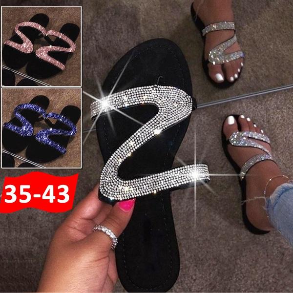 Buy Women Casual Bright Diamond Sandals Travel Beach Flat Flip Flop ...