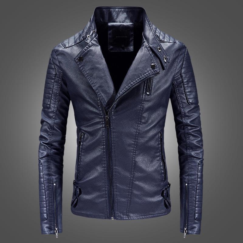 Buy Men's Button Diagonal Zipper Leather Jacket Motorcycle Leather ...
