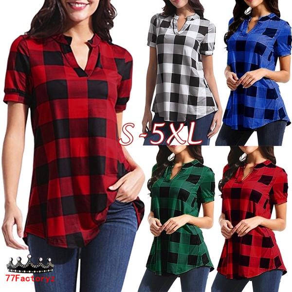 Buy Women Casual Plaid Printed Short Sleeve V-Neck Irregular Hem Blouse ...