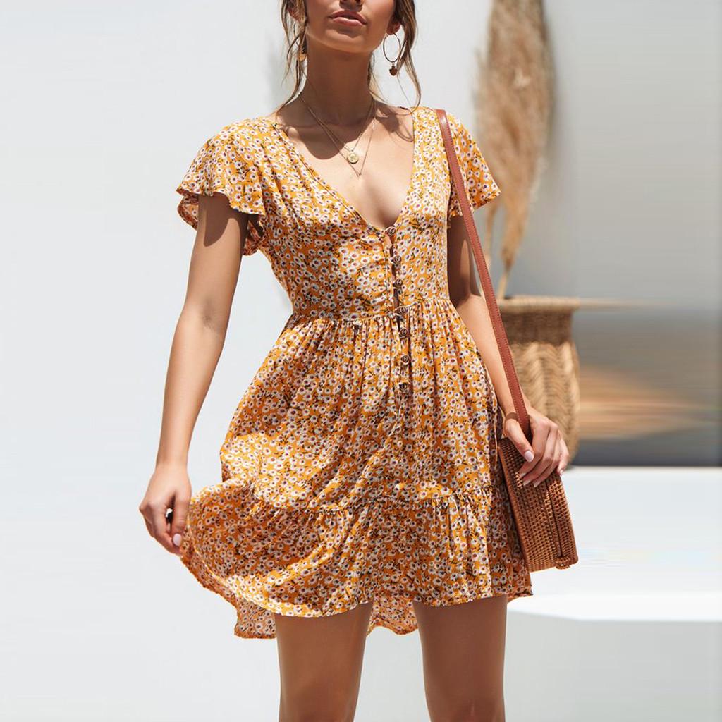 Buy Womens Boho Floral Summer Party Evening Beach Short Mini Dress ...