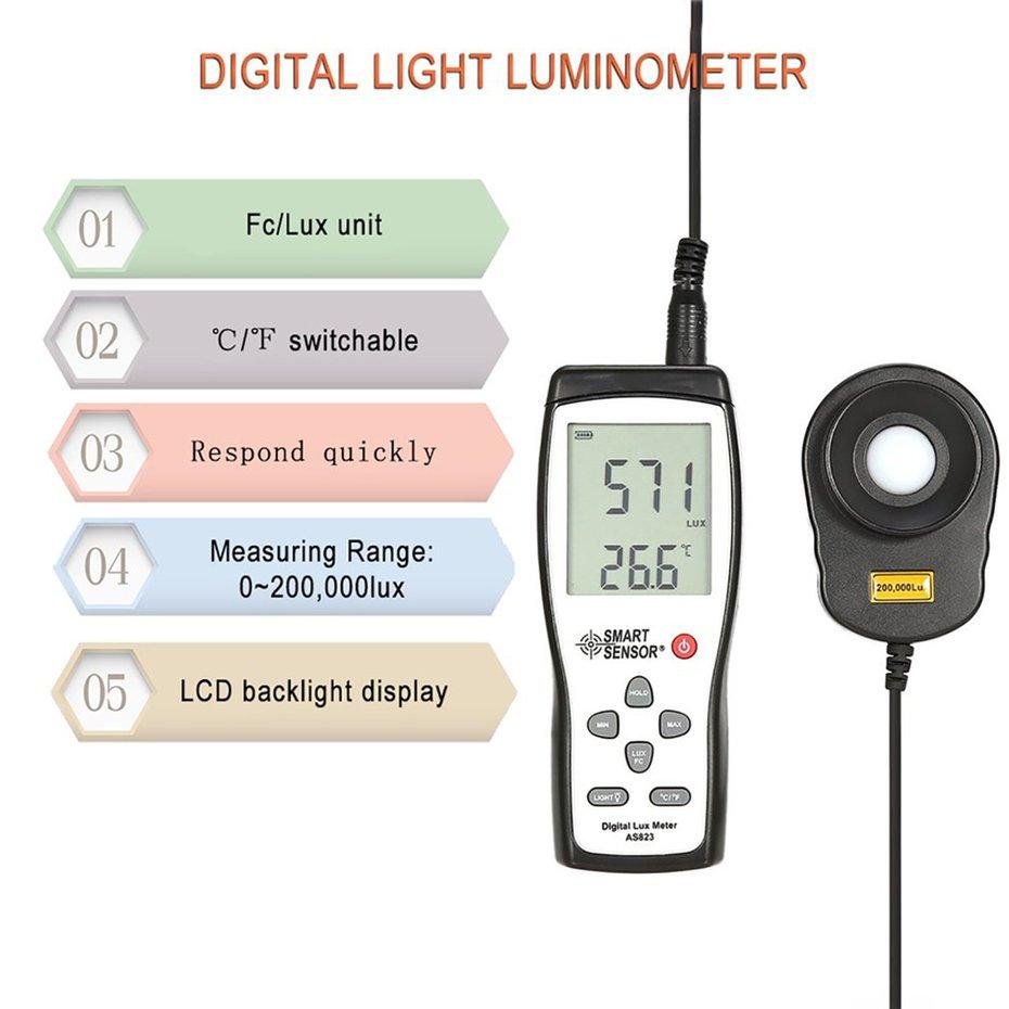 Digital Handheld Light Lux Meter Illuminance 200,000 Lux/FC Luminometer ...