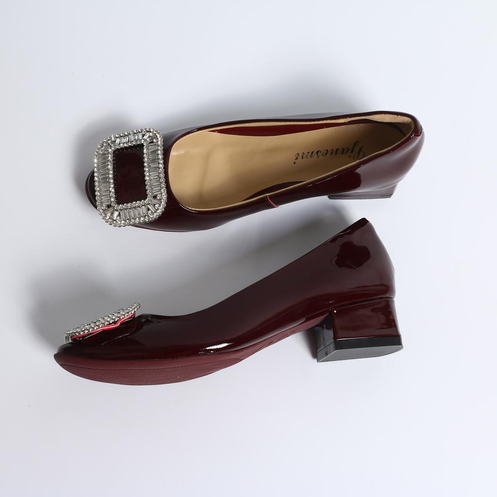 Buy Spring New Leather Square Head Rhinestone Cow Patent Leather Low ...