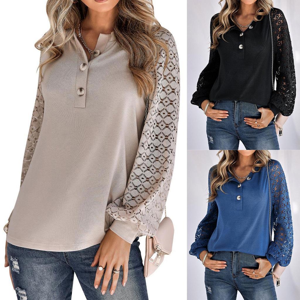 Satın alın (AB)Women's Long Sleeve Pullover Casual Lace Button-down Top ...