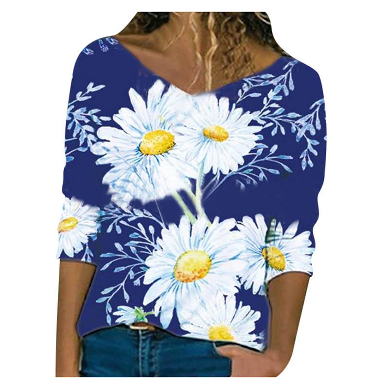 3d Flower Print Women's T-shirt V-neck Casual Lady T-shirt Comfortable ...
