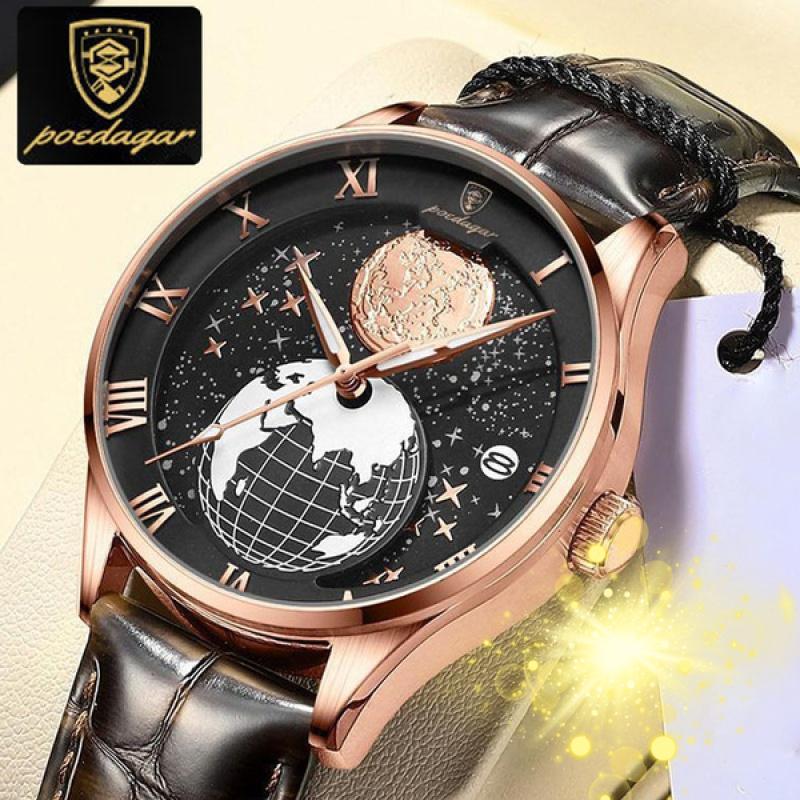 POEDAGAR Herren Schwarz Armbanduhr Echtlederarmband Leuchtende Sport ...