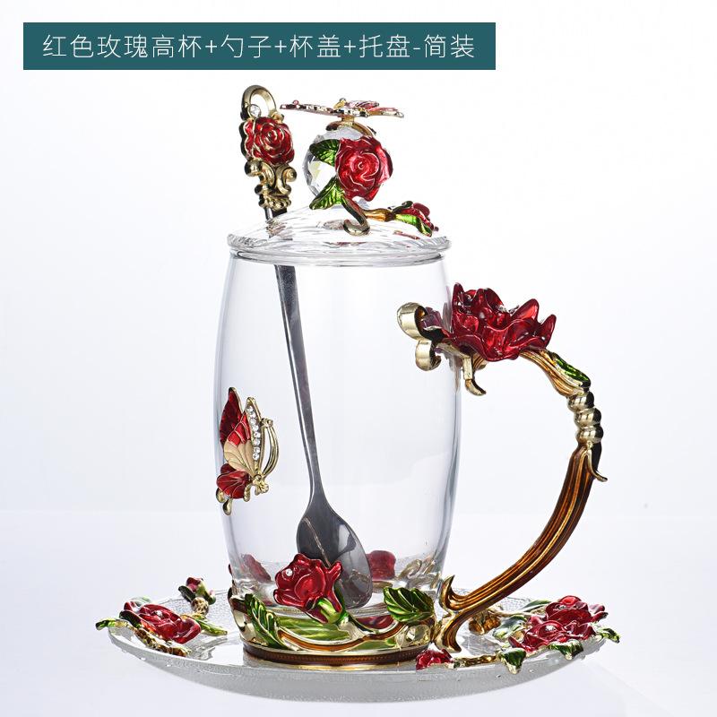 Cheap Alloy Handgrip CupHeat Resistant Glass Cup Red Rose Enamel Coffee ...
