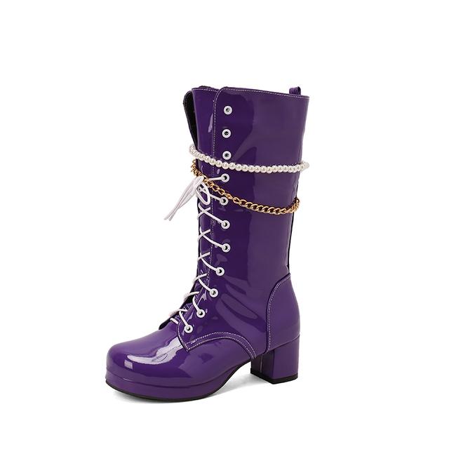 Buy Plus Size Metal Chain String Bead Women's Mid Boots Cross Lace Up ...