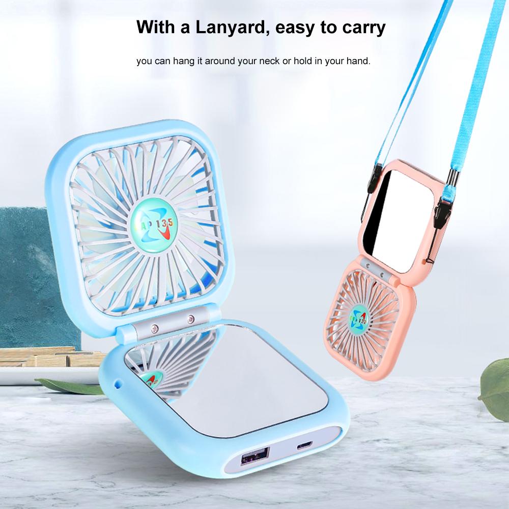 Portable Mini Fan Handheld Foldable Fans With Makeup Mirror Lanyard ...