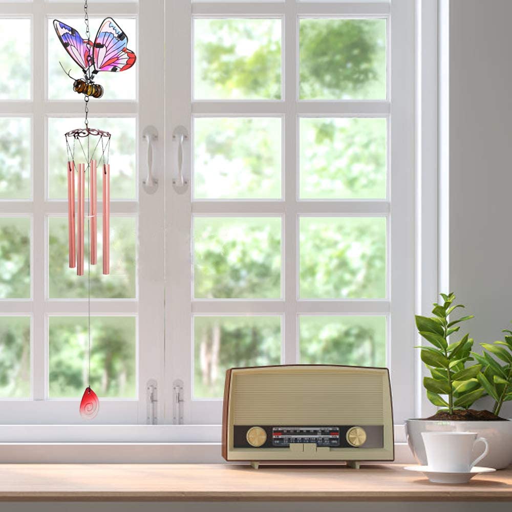 Buy AVEKI Butterfly Wind Chimes, 27.5''H Iron Stained Glass Butterfly ...