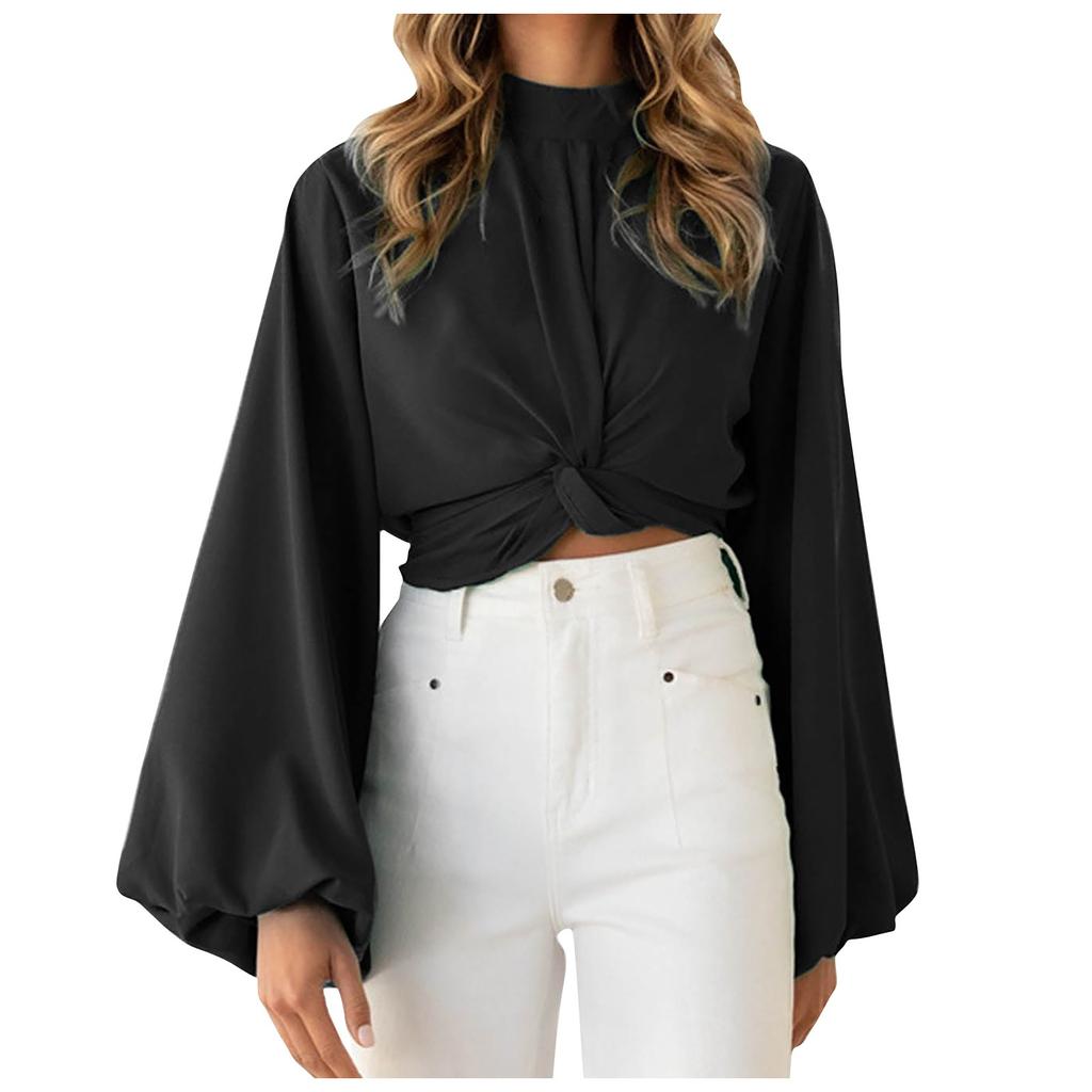 Buy (Faye22)Women's Solid Color Fashion Bishop Sleeve Stand Collar Kink ...