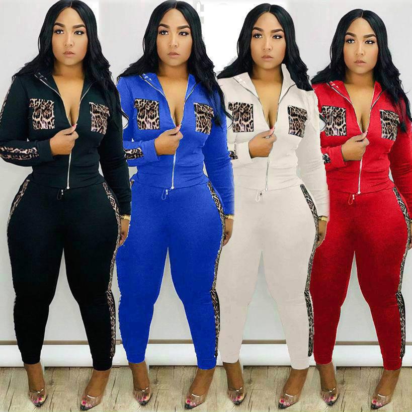 Buy Tracksuit Women Leopard Print Splice Lounge Wear Two Piece Set Top ...