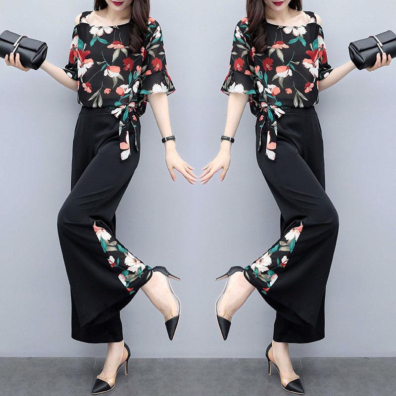 Buy 2 Pcs/set Women Casual Suit Slimming Printing T-shirt+ Wide-leg ...