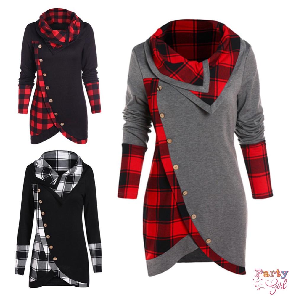 Buy Blouse Women Long Sleeve Plaid Turtleneck Tartan Tunic Sweatshirt ...