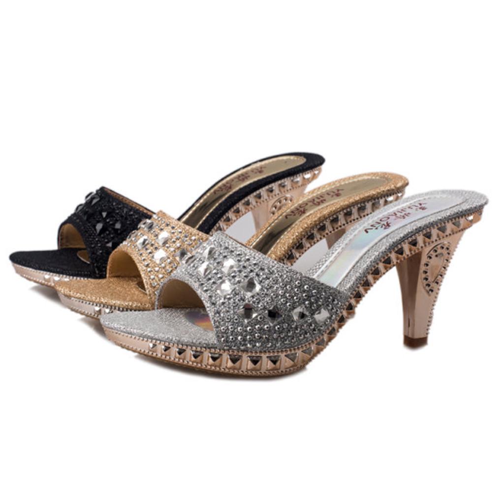 Buy Woman's Fashion Casual Crystal Thick Heel High Slippers Ladies ...