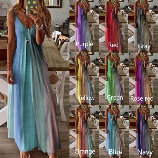 Women's Gradient Color Sleeveless Maxi Dress Summer Sexy V Neck Dress ...