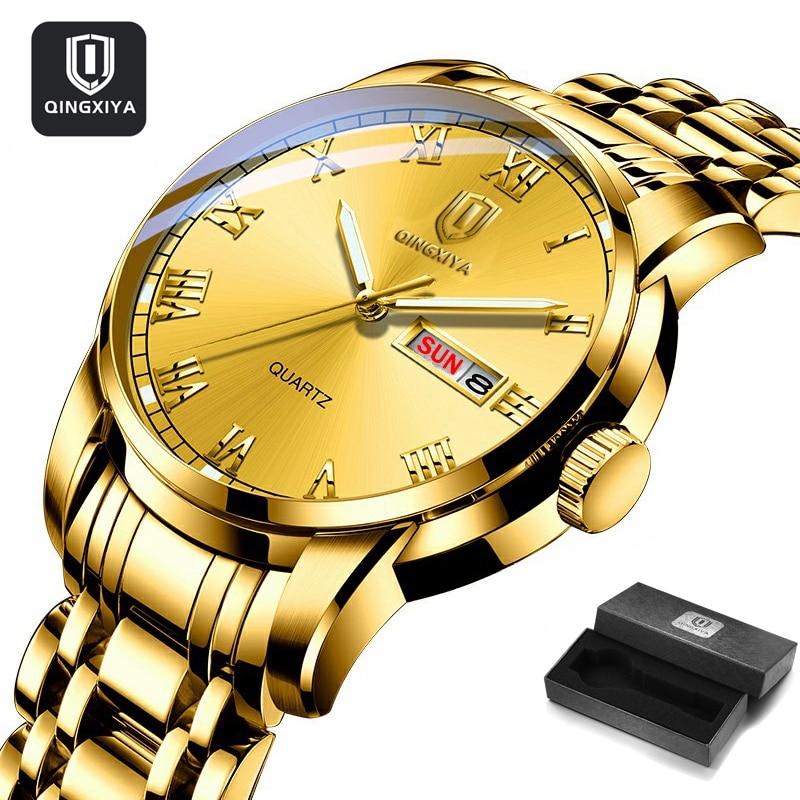 Buy QINGXIYA Top Brand Luxury Gold Red Quartz Watch Men Stainless Steel ...