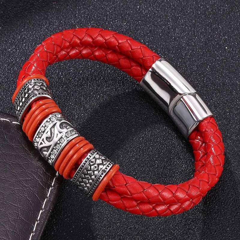 Buy Fashion Red Braided Leather Bracelet Men Jewelry Steel Clasp ...