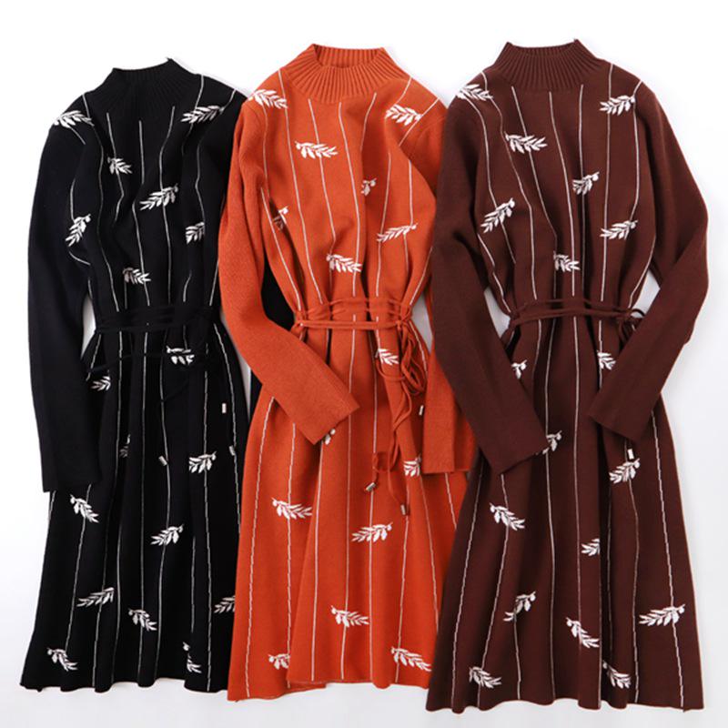 Buy Women Winter Vintage Thick Knitted Drawstring Print Dress ...