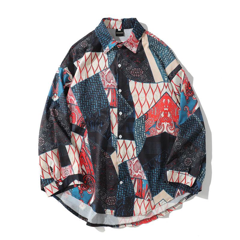Buy Geometry Patchwork Long Sleeve Shirts Hip Hop Casual Streetwear ...