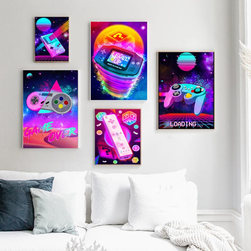 Buy Retro Game Neon Poster Gamepad Canvas Painting Wall Art Prints ...