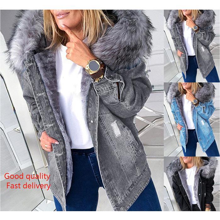 Buy 2021 Warm and Thick Black Autumn Jacket Denim Casual Hooded Faux ...