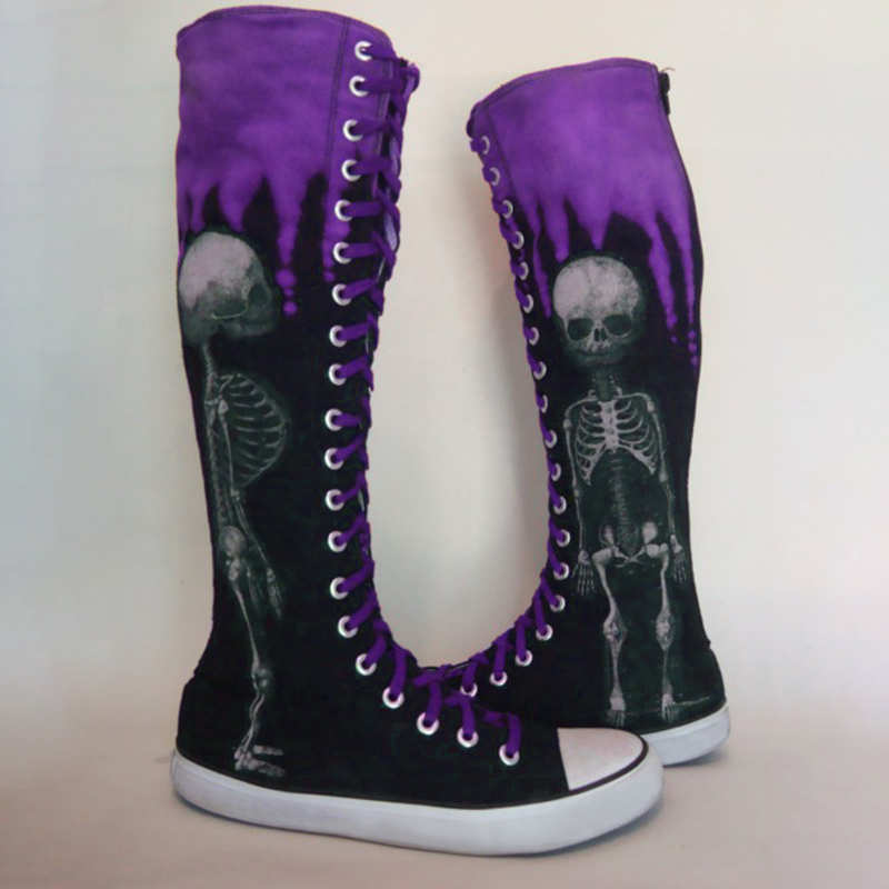 Buy Women Autumn Winter Fashion Canvas Shoes Flat Skeleton Print High ...